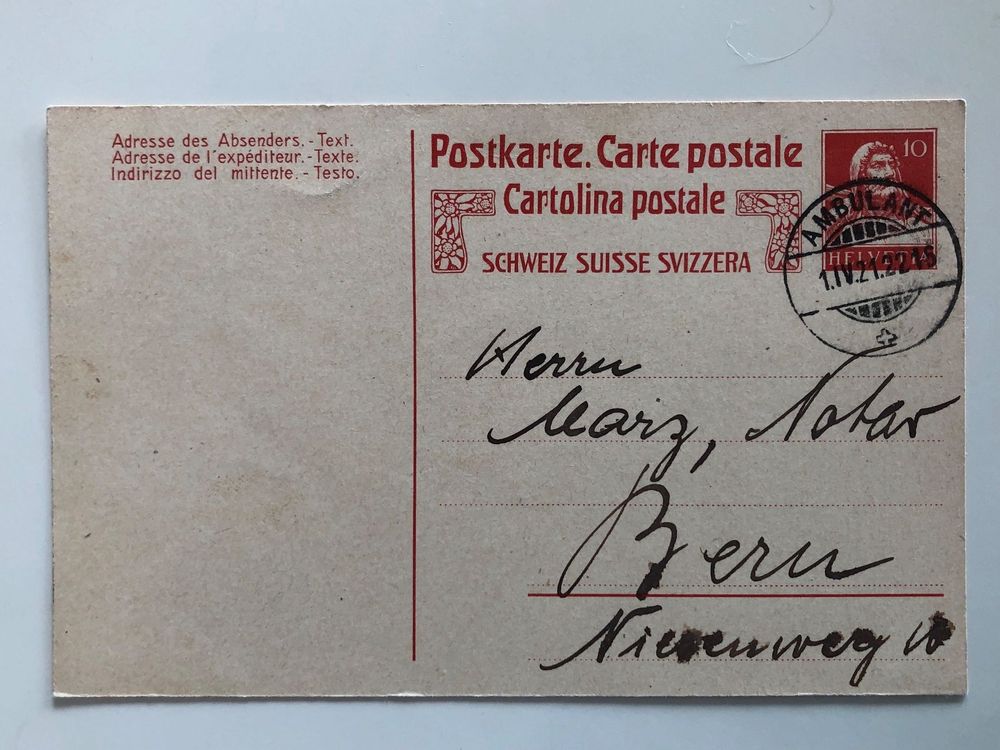 antike Postkarte, 1921, Tell rot 10 Rp, Bahnpoststempel! (Gebraucht) in ...