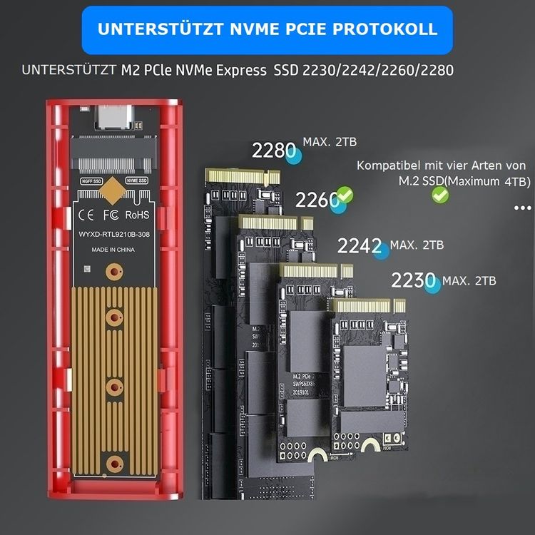 M.2 NVME SATA SSD Gehäuse, PCIe USB 3.1, 10Gbps (Neu und ...