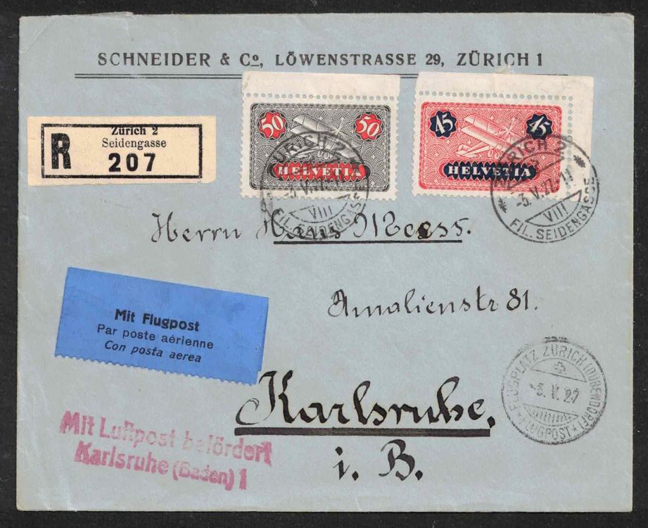 1927, Flugpost Brief nach Karlsruhe, ab 1.- (Neu (gemäss Beschreibung)) in Nuglar für CHF 4 ...