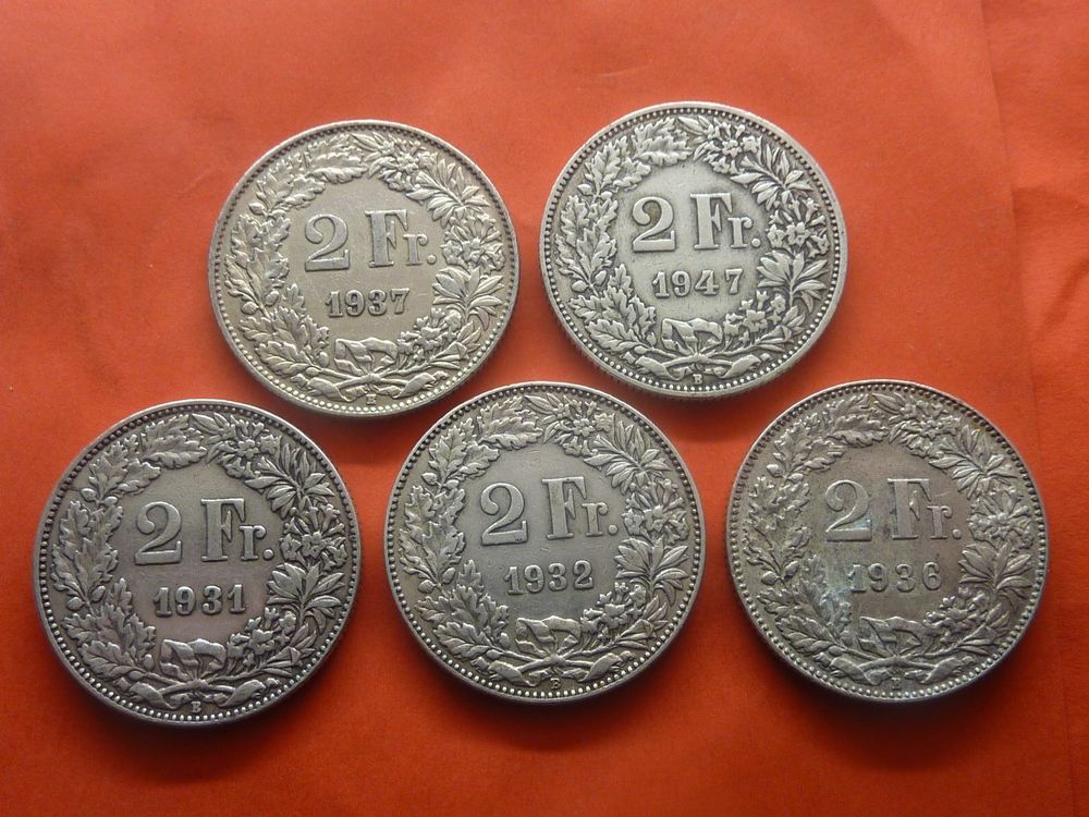 5 rare Silber 2 Fr. 1931 - 1932 - 1936 - 1937 - 1947. (Gebraucht) in Seon für CHF 51 – mit ...