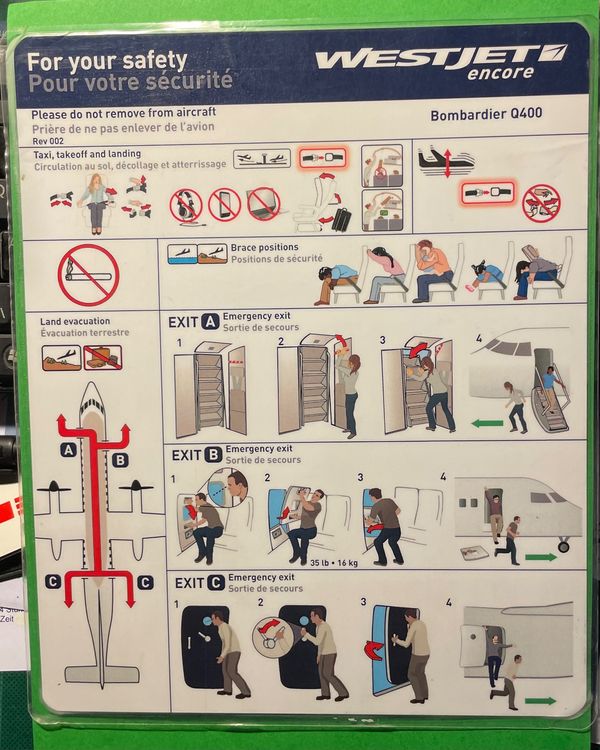 Safety Instructions Safety Card Westjet Bombardier Q400 (Gebraucht) in ...