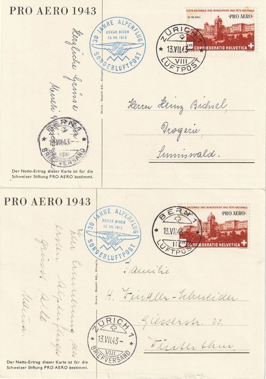 2 x Pro Aero Sonderpostflug 1943, BE-ZH und ZH-BE auf Karte (Gebraucht) in Turgi für CHF 1 – mit ...