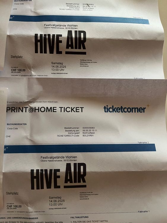 2 Tickets HIVE AIR WOHLEN 14 6 25 Neu Und Originalverpackt In