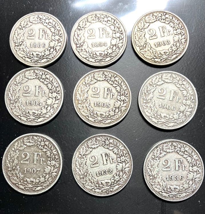 9 Stk 2 Franken Münzen 1886-1936 (Gebraucht) in für CHF 53 – mit ...