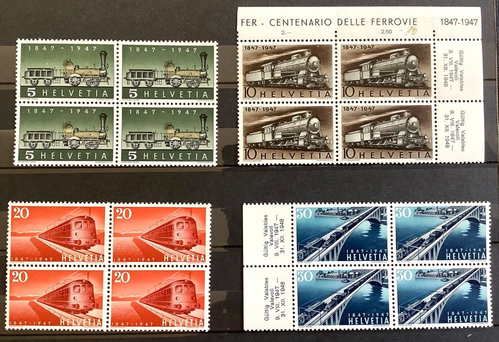 1947 - 100 Jahre Schweizer Eisenbahnen Viererblock Satz ** (Neu (gemäss Beschreibung)) in ...