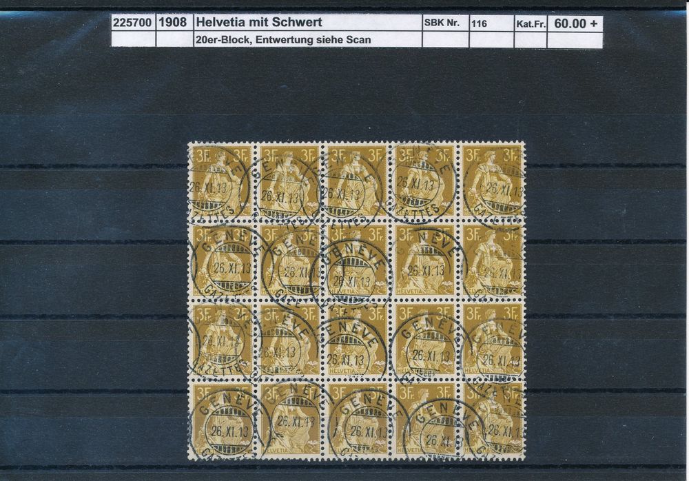 1908 Helvetia mit Schwert 3.00 Fr. - (20er Block) (Gebraucht) in Winterthur für CHF 7 – mit ...