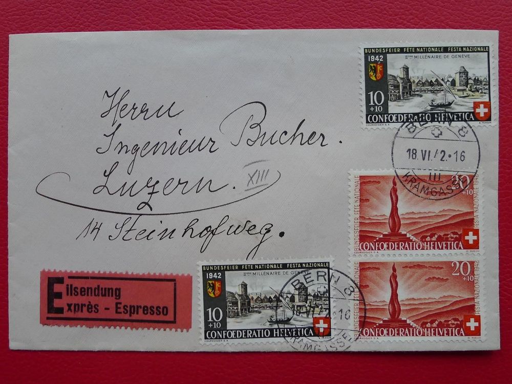 1942, PATRIA: B15+B16 EXPRESS-FRANKATUR von BERN mit "PAAREN (Gebraucht) in Sursee für CHF 50 ...