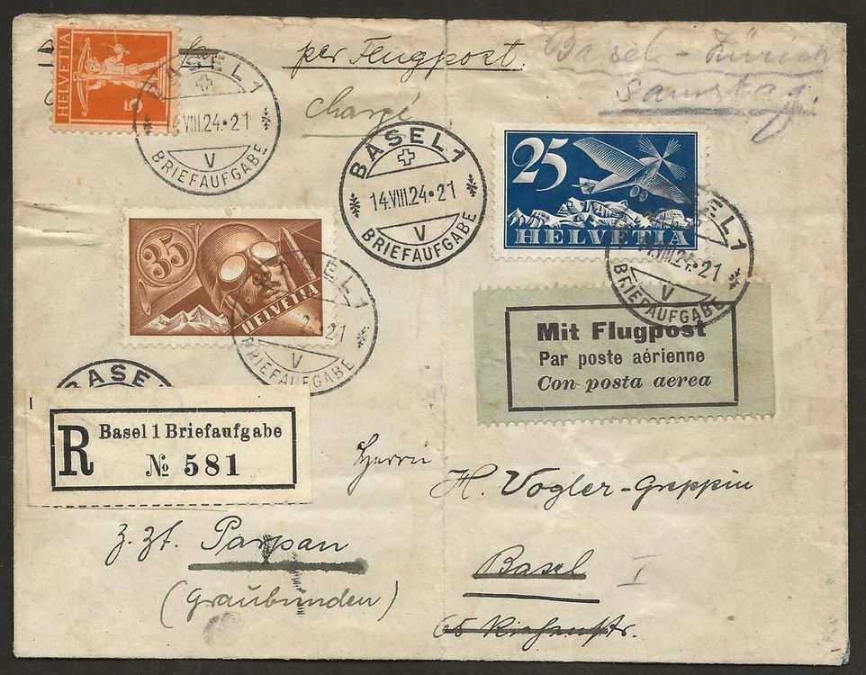 Flugpost Schweiz 1924 Basel Zürich Falt Luftpost (Gebraucht) in Au ZH für CHF 10 – mit Lieferung ...