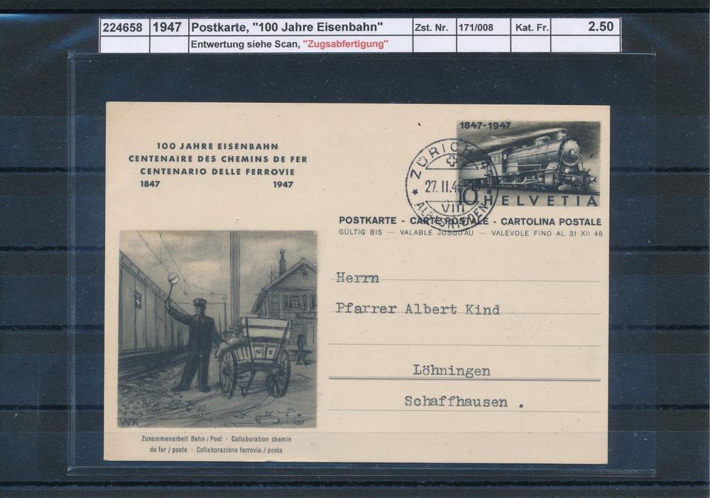 1947 Postkarte, "100 Jahre Eisenbahn - Zugsabfertigung" | Kaufen auf Ricardo