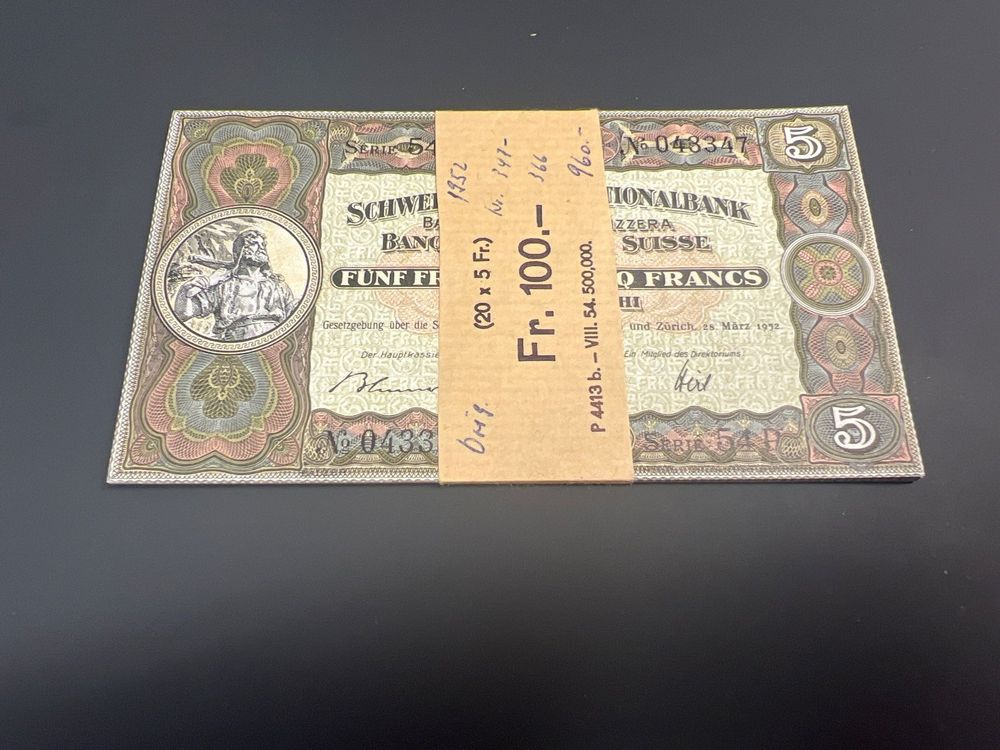 Bündel CHF 5 Franken Banknoten 1952, fortlaufende Seriennr. | Kaufen ...