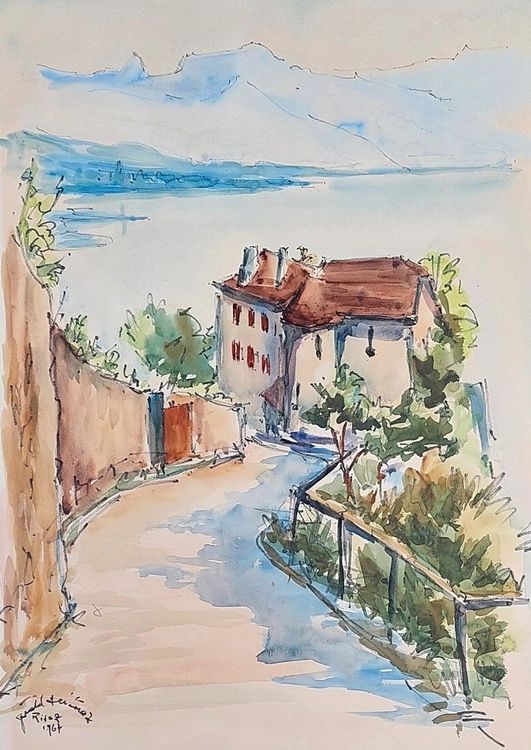 "Rivaz (VD" - Aquarelle de Gérald Heimoz (1967) | Kaufen auf Ricardo