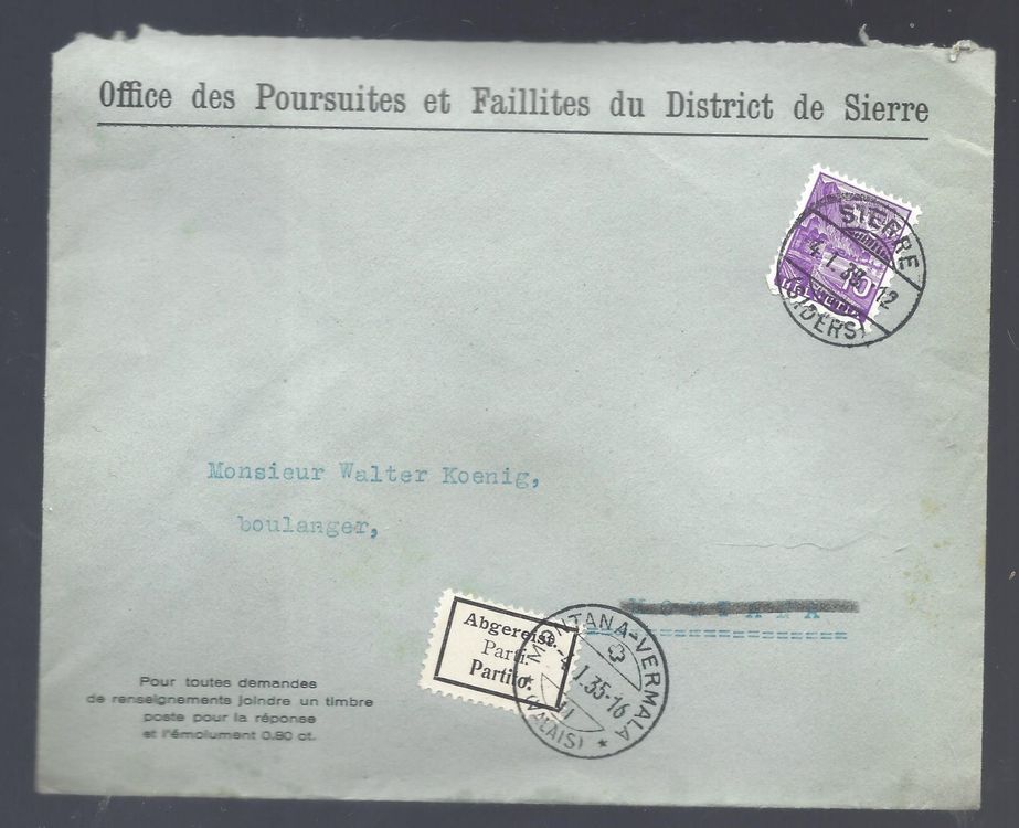 lettre SIERRE - MONTANA-VERMALA 1935 (Gebraucht) in Les Valettes für ...