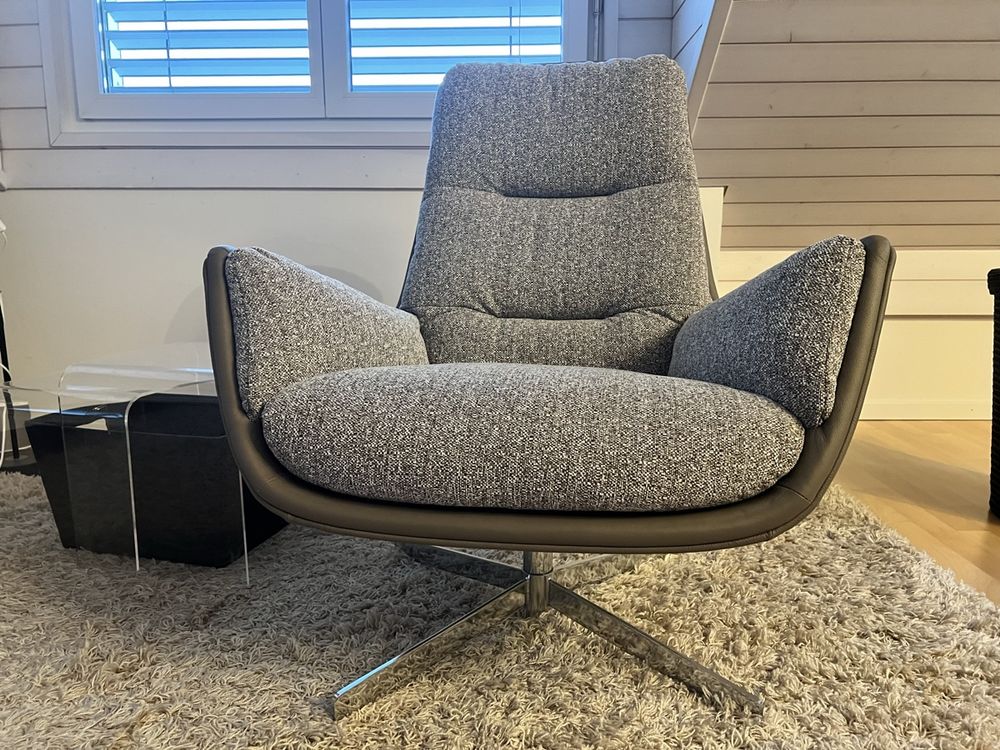 Designer Lounge Sessel, drehbar, Leder braun, Stoff grau (Gebraucht) in ...