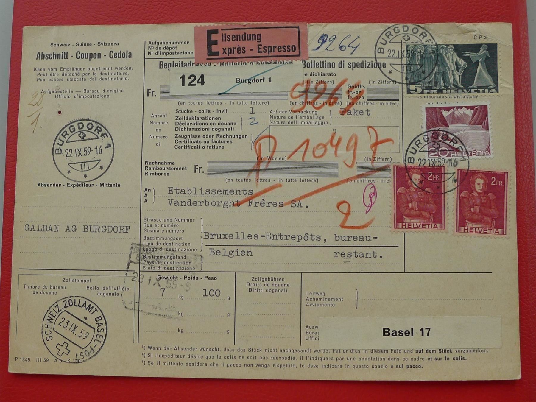 1959, 9.50.-Frankatur BURGDORF nach Belgien +Begleitadresse! (Gebraucht ...