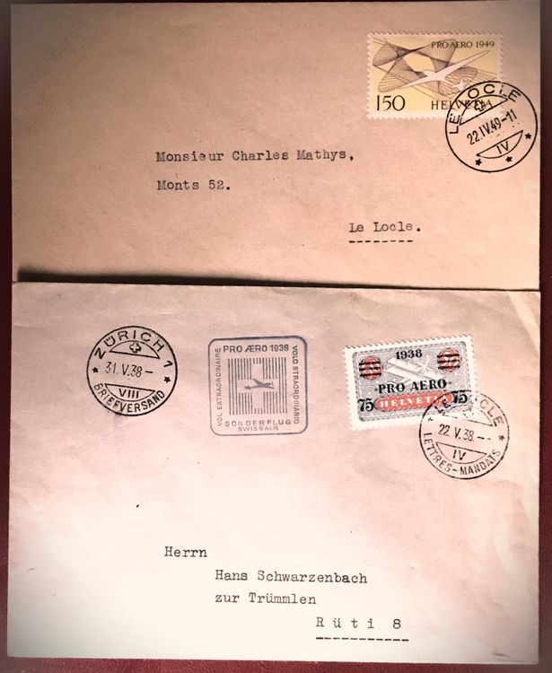 2 Flugbriefe PRO AERO 1938/49 LE LOCLE, dabei VOR-ET-Stpl. (Gebraucht) in Belp für CHF 25 – mit ...