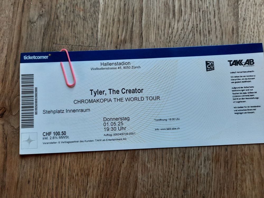 Steheplatz für Tyler the Creator in ZH am 01.05. (Neu und ...