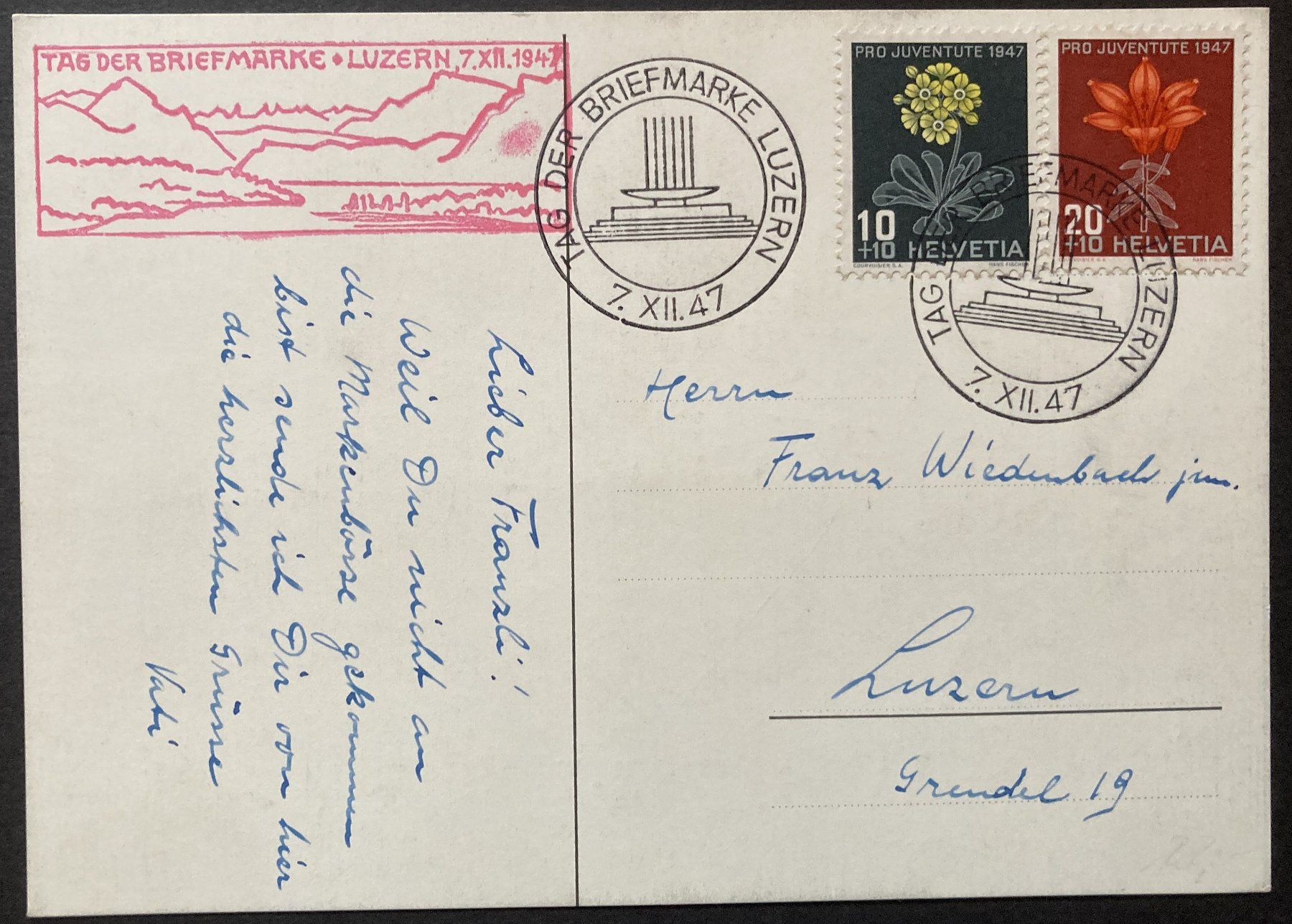 1947, TdB Philatelisten-Verein Luzern mit SS, SBK 300 Fr. (Gebraucht) in Flawil für CHF 69 – mit ...