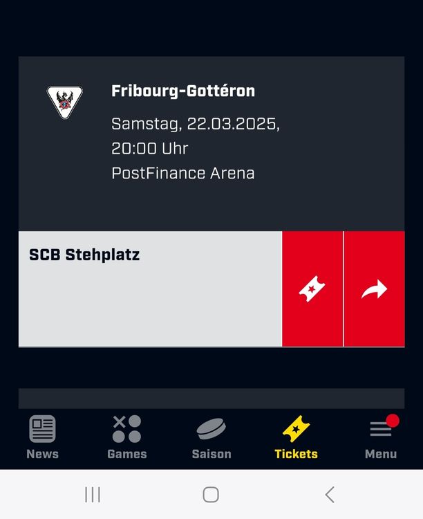 SCB Ticket 22.3.25 SCB - Fribourg-Gotteron (Neu (gemäss Beschreibung ...