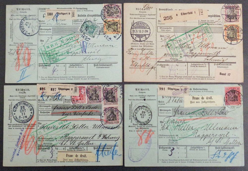 DEUTSCHES REICH: 4 Paketbegleitkarten aus 1911–13 (Gebraucht) in Zürich ...