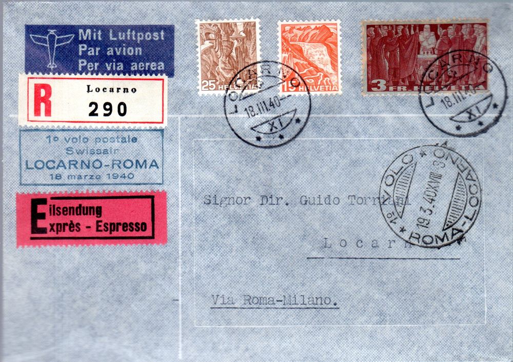1° VOLO POSTALE SWISSAIR LOCARNO-ROMA 18 MARZO 1940 - EW95 (Gebraucht) in Losone für CHF 40 ...
