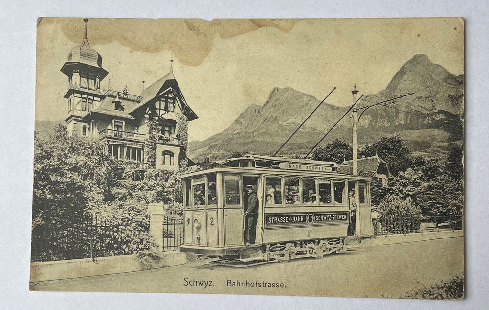 Antike Postkarte Bahnhofstrasse Schwyz mit Strassenbahn | Kaufen auf Ricardo