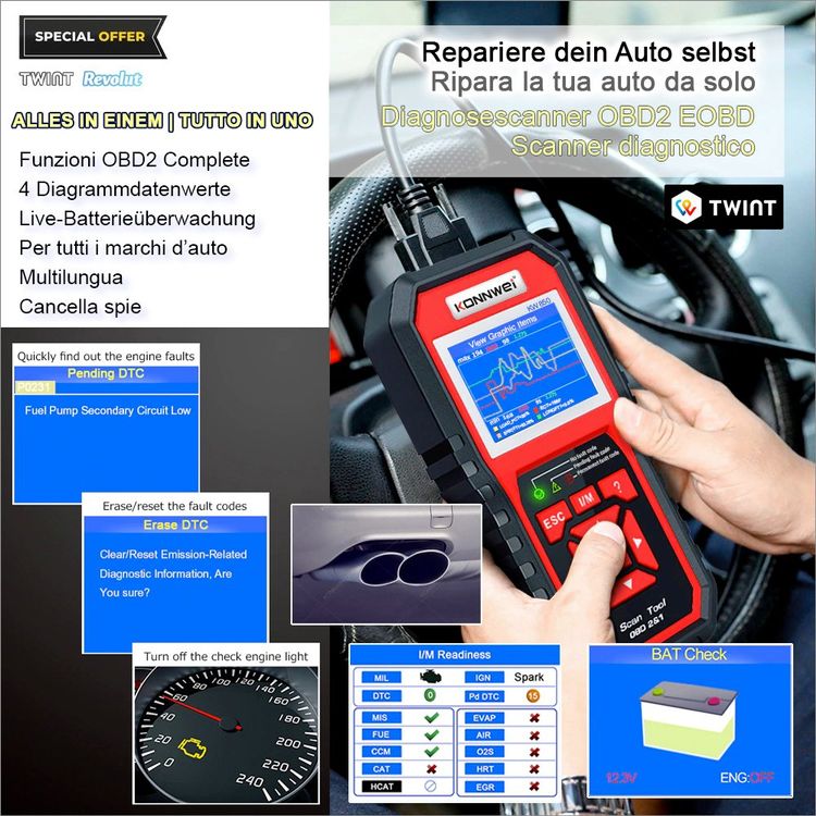 OBD 2 Diagnosegerät Fehlercode Motor Auspuff Alle Marken (Neu und originalverpackt) in Chiasso ...