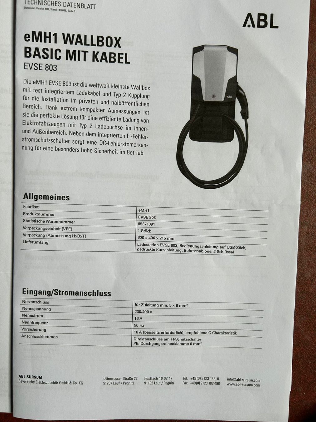 ABL Wallbox eMH1 EVSE803 11 kW 16A, 7m Kabel Typ 2 (Gebraucht) in Köniz ...