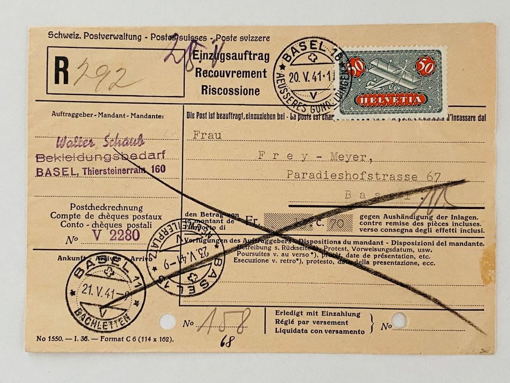 1941 Flugpost auf Einzugsauftrag sehr selten zu finden BASEL (Gebraucht) in Müswangen für CHF 20 ...
