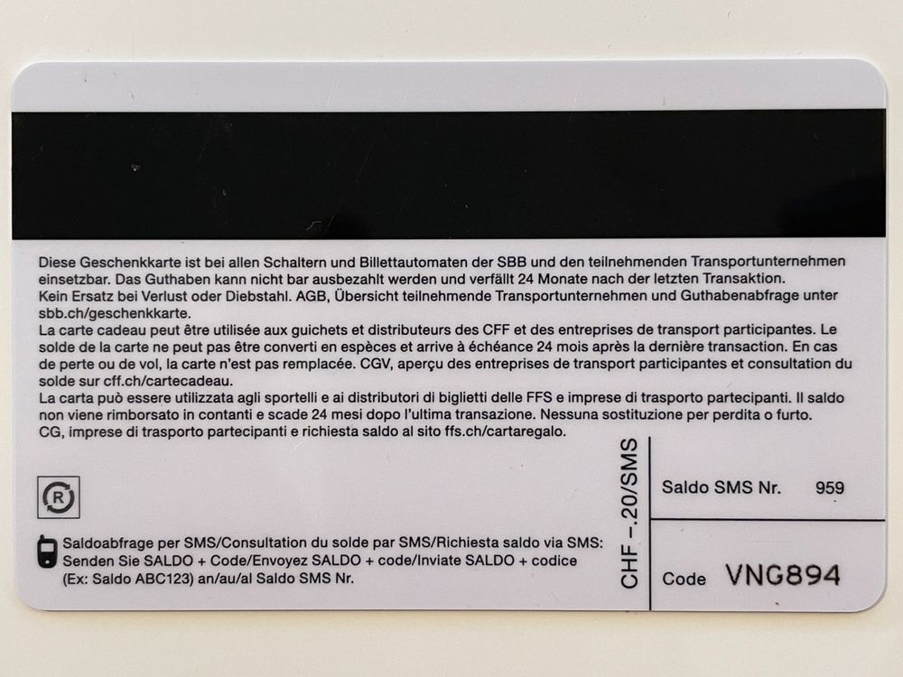 SBB Geschenkkarte Wert CHF 150.- (Neu und originalverpackt) in Bachs für CHF 138 – mit Lieferung ...