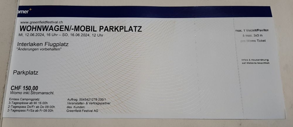 WoMo Ticket Greenfield 2024 ab 1.- (Neu und originalverpackt) in Schinznach Bad für CHF 153 ...