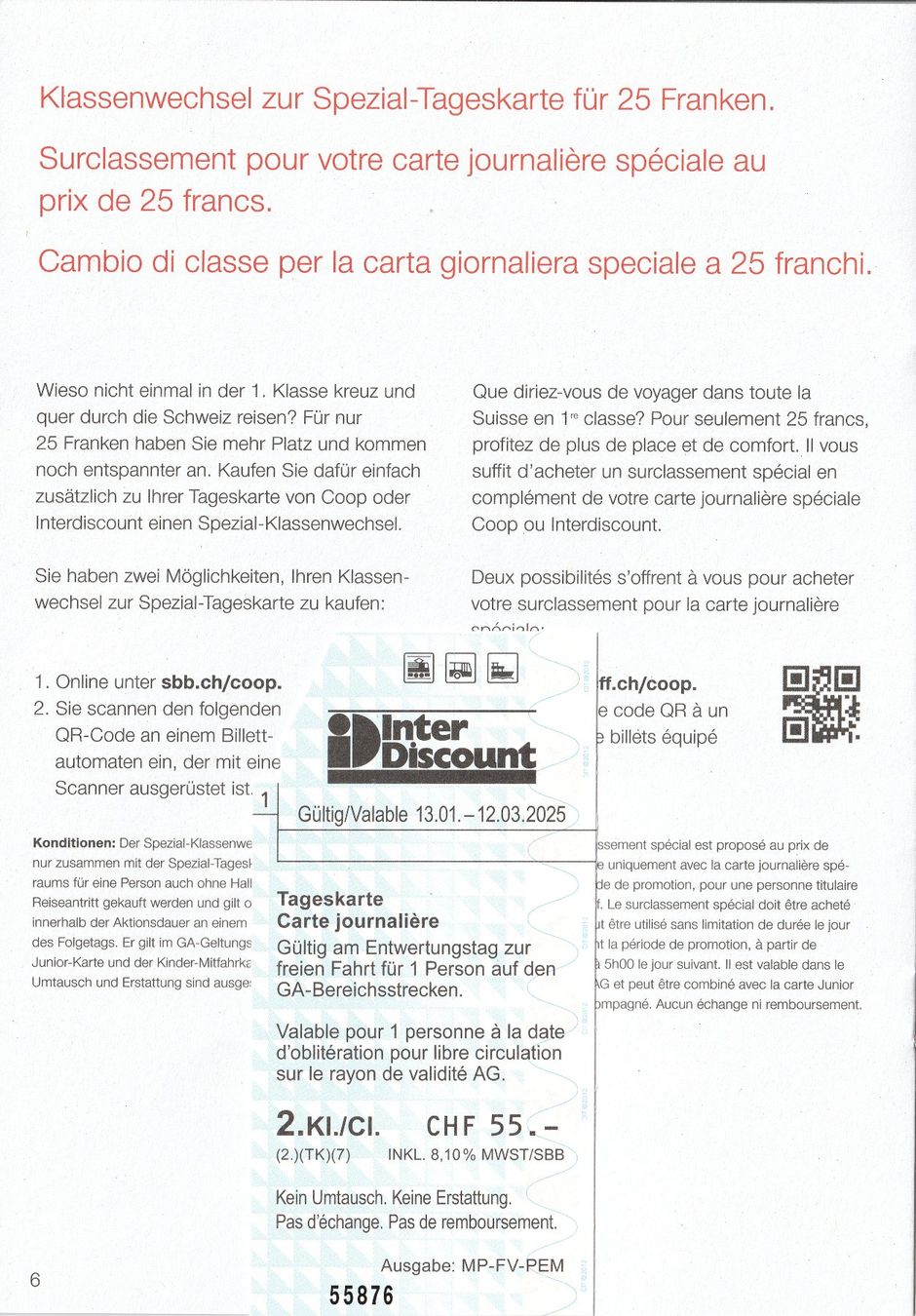 SBB Tageskarte gültig bis 12. März 2025 (Neuf avec emballage d'origine) à Hitzkirch pour CHF 49 ...