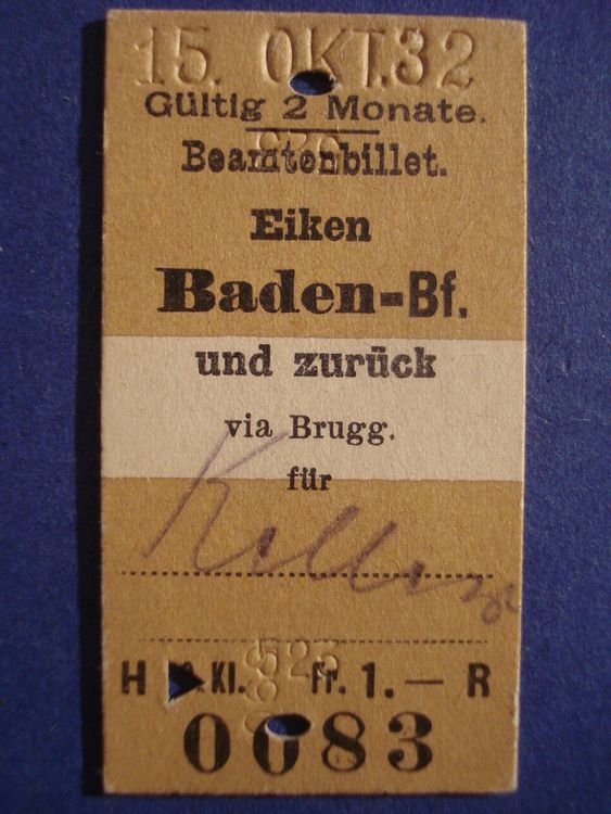 SBB - 16.10.1932 - EIKEN - BADEN-Bf. - 3.Klasse (Gebraucht) in Biel/Bienne für CHF 22 – mit ...