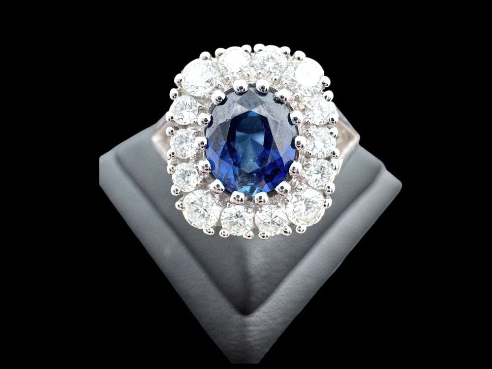 Saphir 1.2c Diamanten 0.7c Ring 18k WG Grösse 58.5 *S2122 (Gebraucht ...