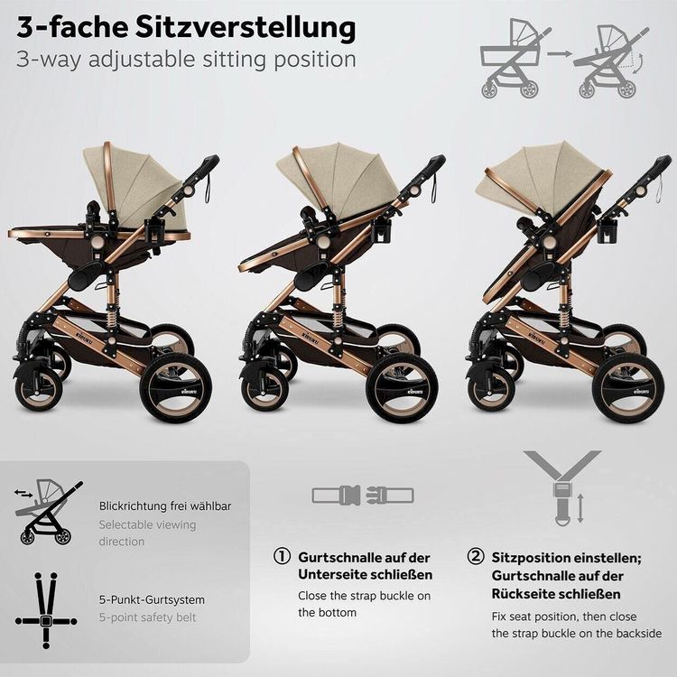 KIDUKU 3in1 Kombi-Kinderwagen BRAUN/GOLD (Neu und originalverpackt) in ...