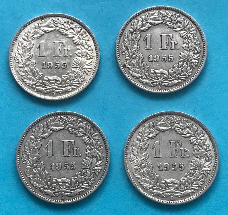 4 Schweizer Silber 1 Franken-Münzen alle mit Jahrgang 1955 (Gebraucht) in Zürich für CHF 70 ...