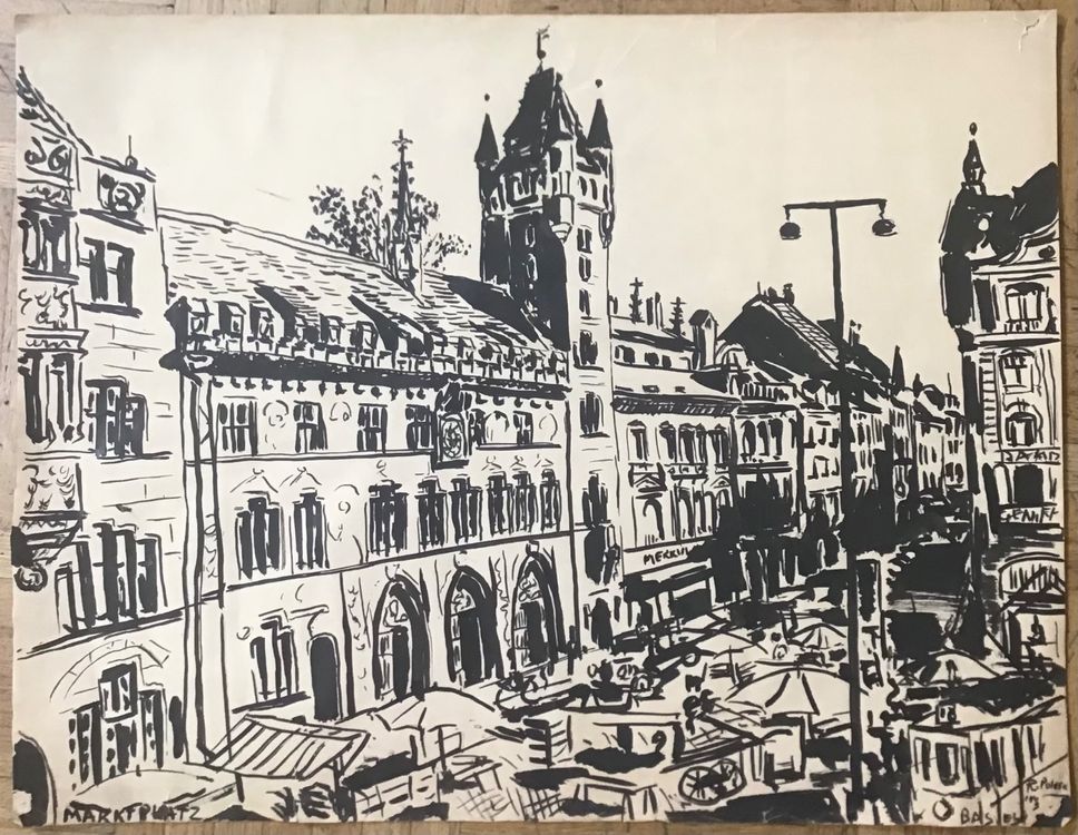 Basel Markt Platz Zeichnung Signiert | Kaufen auf Ricardo