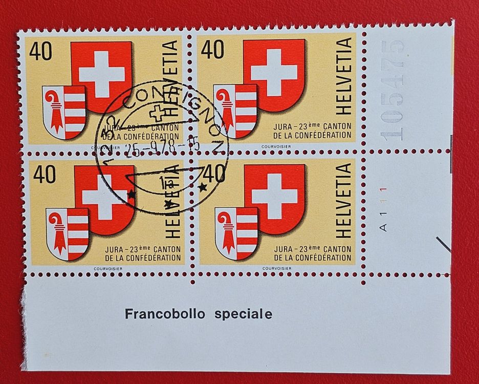 JURA 621 VIERERBLOCK ZENTRUMSTEMPEL CONFIGNON GENEVE 1978 (Neu (gemäss Beschreibung)) in ...