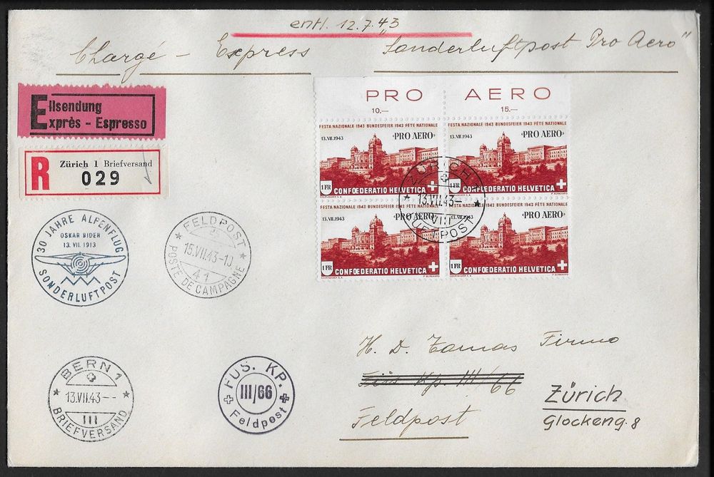 1943 R/Ex. Brief Luftpost Pro Aero Zürich-Bern 4erBl. ab 1.- | Kaufen auf Ricardo