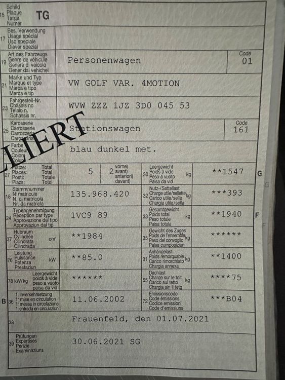 VW Golf 4 Allrad mit Anhängerkupplung (Defekt) in Zuckenriet für CHF ...