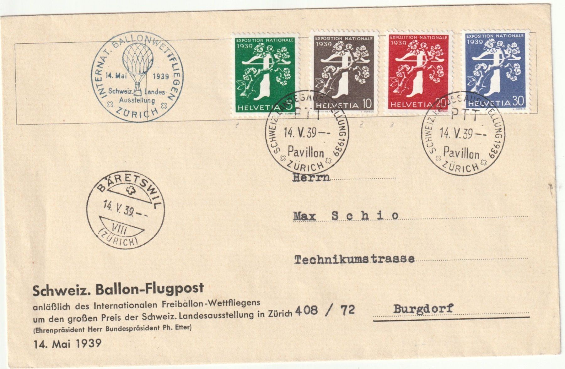 Sonderumschlag v. Landi-Ballon-Wettflliegen 1939 mit Satz fr (Gebraucht ...