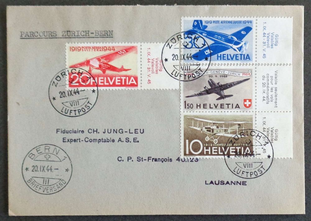 1944: 25 Jahre Schweizer Luftpost, Flugbrief Zürich–Bern (Gebraucht) in Zürich für CHF 1.5 – mit ...