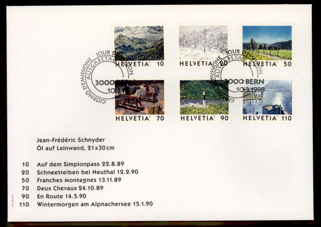 1998, FDC, Dauermarken Bilder der Schweiz (Nr. 943–9548) (Gebraucht) in Willisau für CHF 1.3 ...
