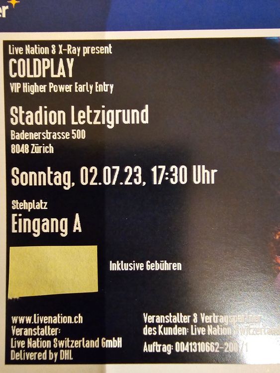 Coldplay Zürich 1× VIP Stehplatz So. 02.07 (Neu (gemäss Beschreibung ...