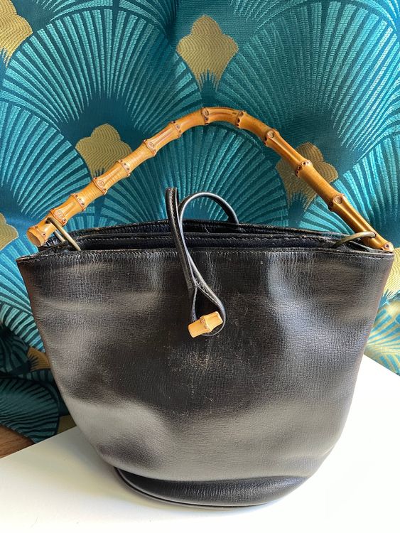 Vintage 1940s, a bucket-style black leather handbag with bam (Gebraucht ...