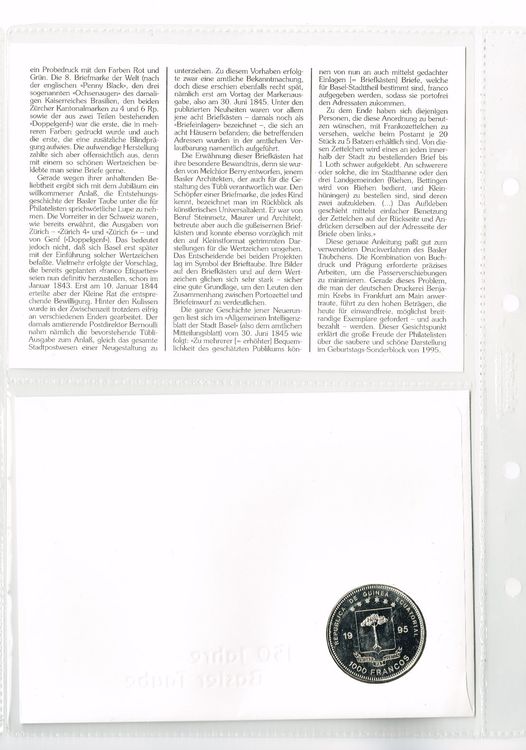 150 Jahre Basler Taube_erste Mehrfarbige Briefmarke der Welt (Neu ...