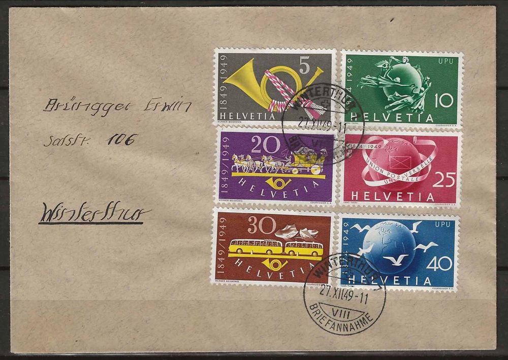 F0291 - Lettre avec no 291-296 Winterthur 29.12.1949 (D'occasion) à ...