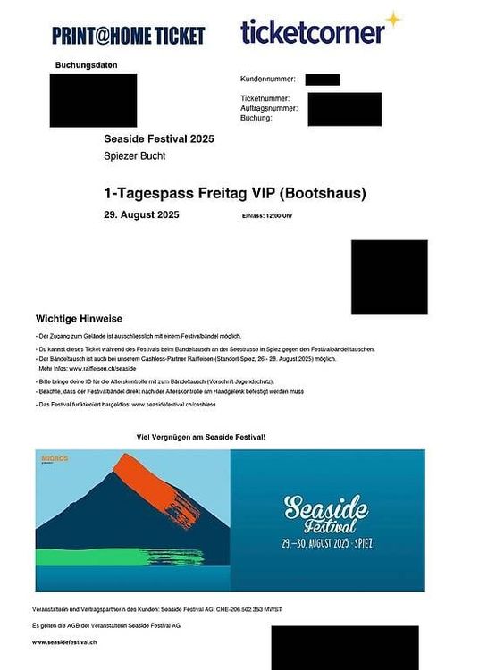 2 VIP Tagespässe (Seeside Festival) 29. August 2025 (Neu (gemäss ...