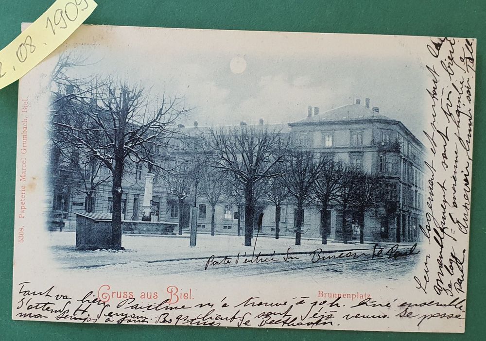 AK CP Biel Bienne Brunnenplatz Zentralstr. Mondschein-K 1909 (Gebraucht ...