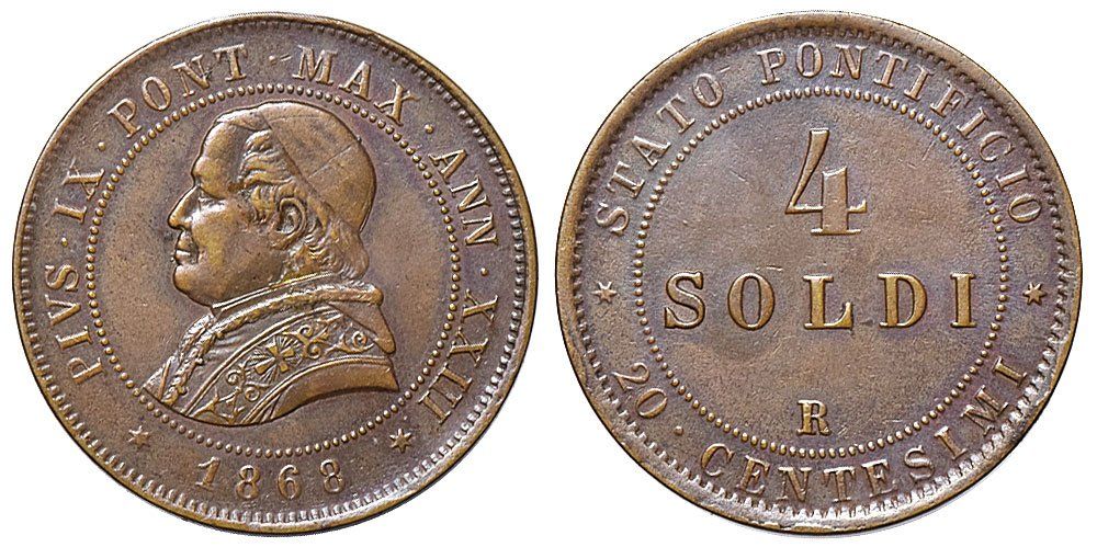 b- Italien, Rom, 4 Soldi 1868 A.XXIII (01) (Usato) a Chiasso per CHF 90 – con consegna ...