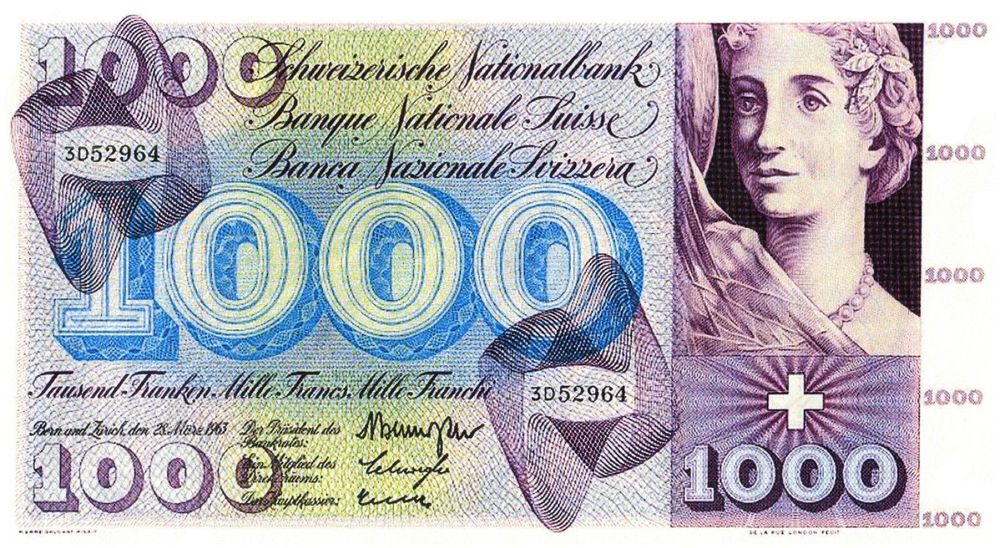 1000 Franken Banknote Schweiz Serie 5 (Reproduktion) (Neu (gemäss ...
